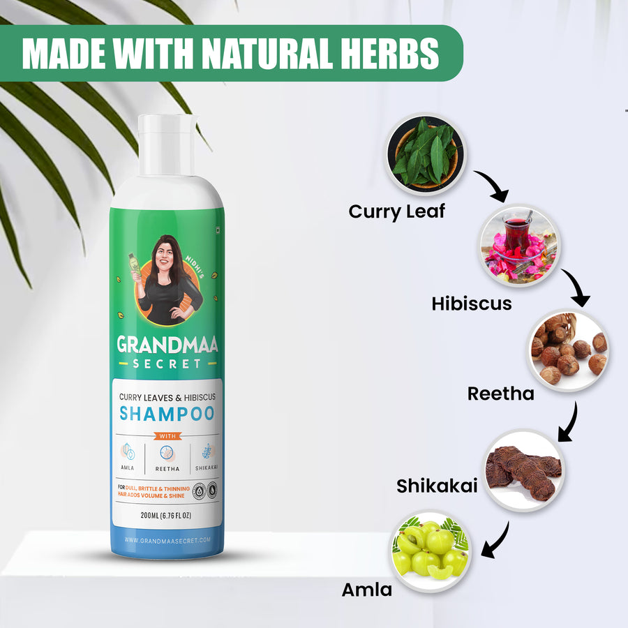 Buy Curry Leaves & Hibiscus Shampoo for Hair Growth & Shine – 200mL